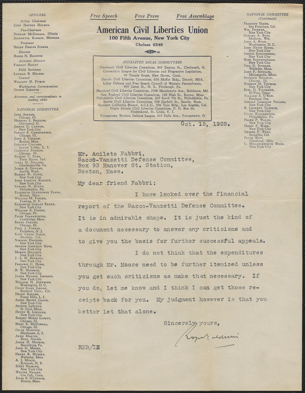 Roger N. Baldwin (American Civil Liberties Union) typed note signed to Amleto Fabbri. New York ...