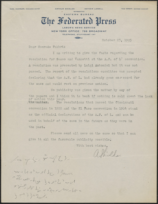 Art Shields (The Federated Press) typed letter signed to Amleto Fabbri ...