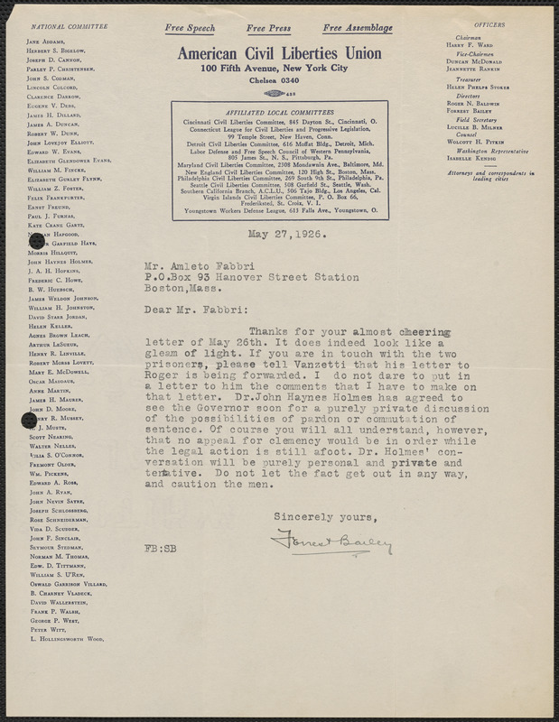 Forrest Bailey (American Civil Liberties Union) typed letter signed to ...