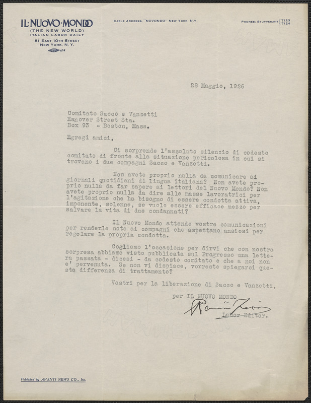 Il Nuove Mondo typed letter signed to Sacco-Vanzetti Defense Committee ...