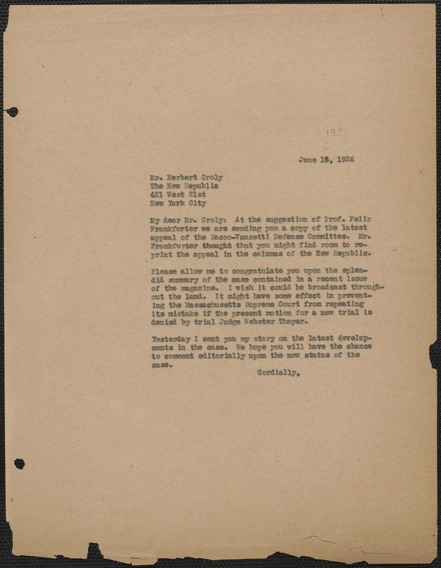 Sacco-Vanzetti Defense Committee typed letter (copy) to Herbert Croly ...