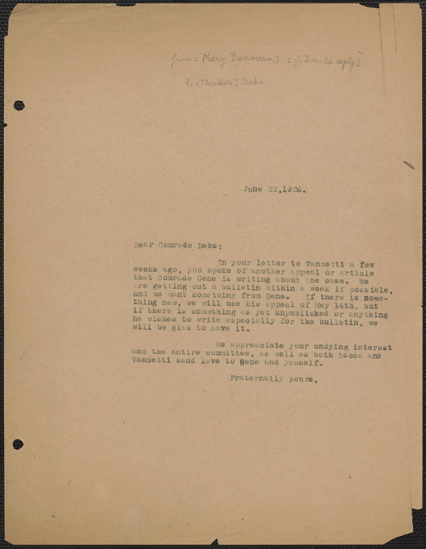 Mary Donovan typed letter (copy) to Theodore Debs, Boston, Mass., June ...