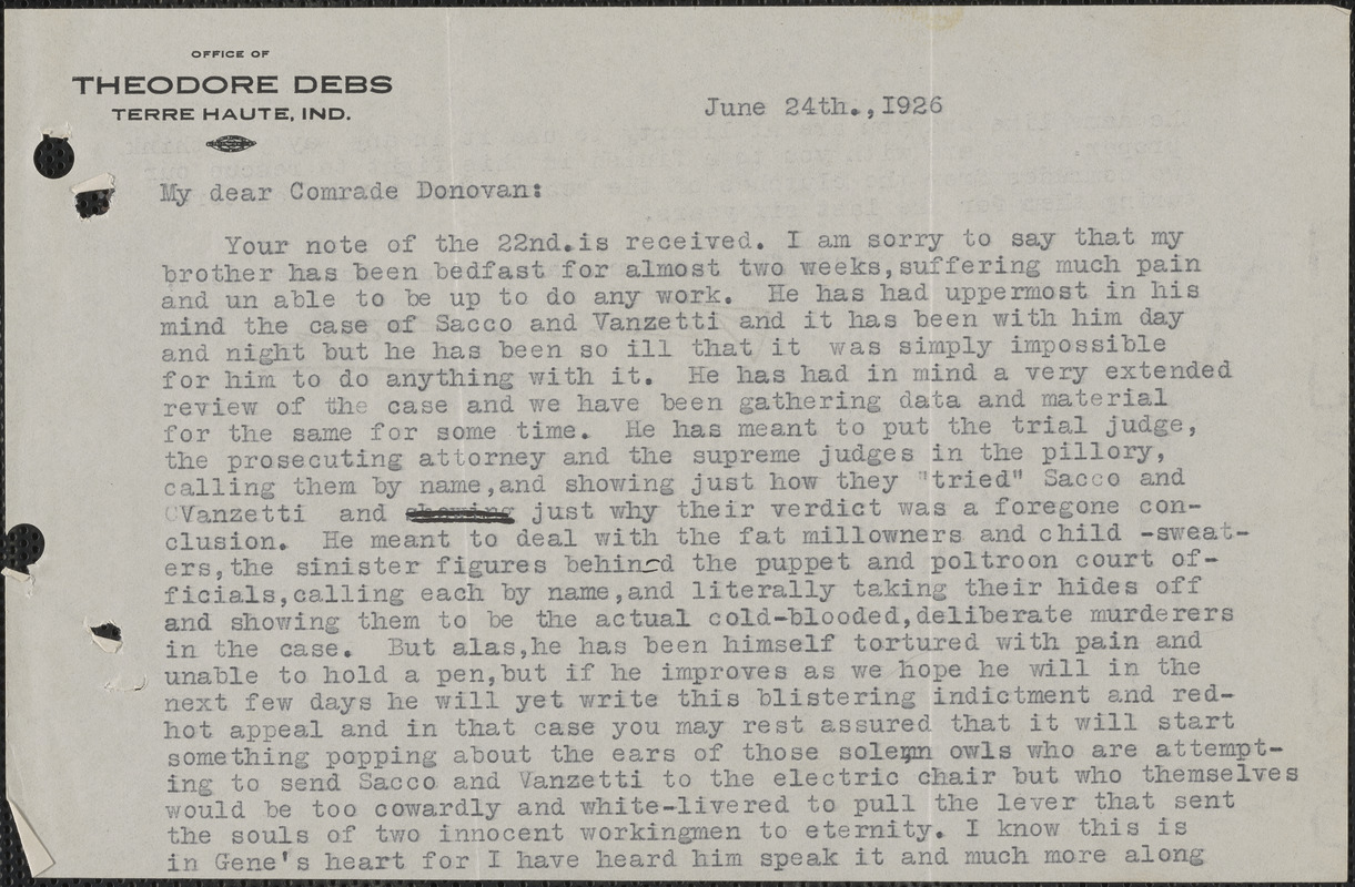 Theodore Debs typed letter signed to Mary Donovan, Terre Haute, Ind ...