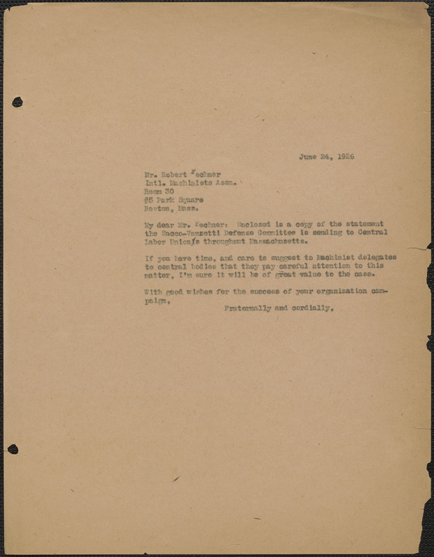 Sacco-Vanzetti Defense Committee typed letter (copy) to Robert Fechner ...