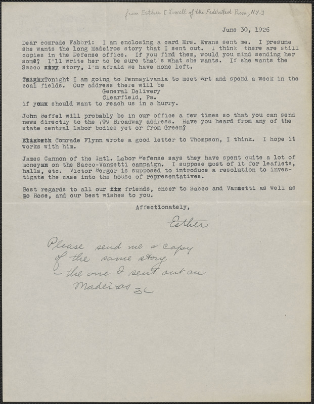 Lowell Esther (The Federated Press) typed letter signed to Amleto ...