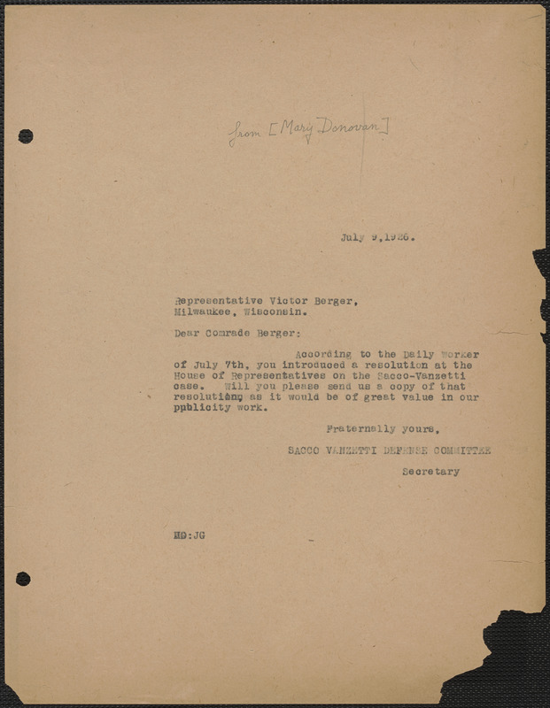 Mary Donovan(Sacco-Vanzetti Defense Committee) typed letter (copy) to ...