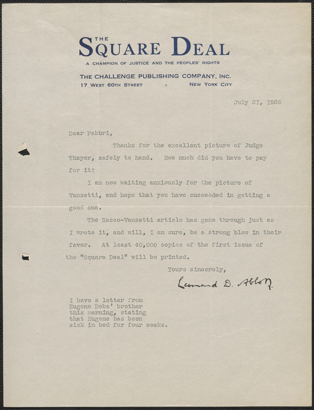 Leonard D. Abbott (The Square Deal) typed letter signed to Amleto ...