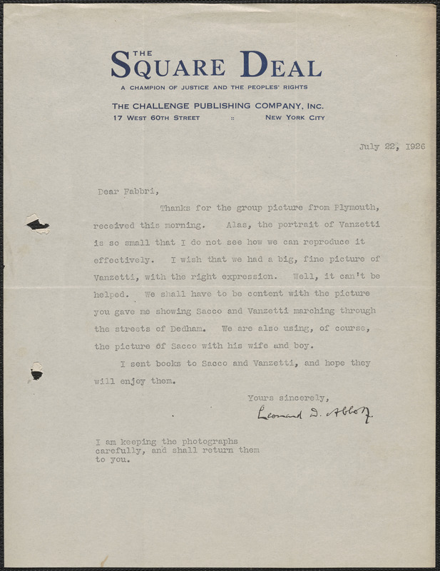 Leonard D. Abbott (The Square Deal) typed letter signed to Amleto ...