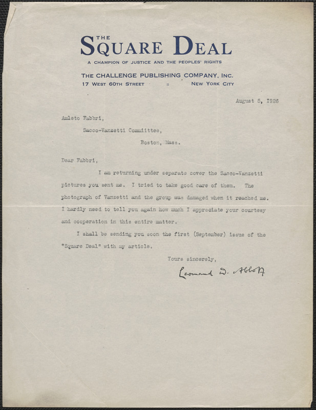 Leonard D. Abbott (The Square Deal) typed letter signed to Amleto ...