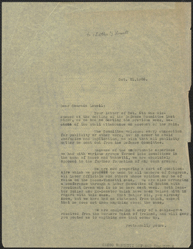 Sacco-Vanzetti Defense Committee typed letter (copy) to [Esther ...