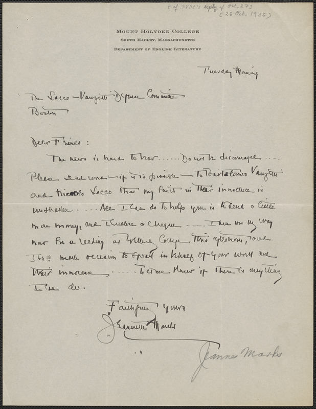 Jeannette Marks autograph letter signed to Sacco-Vanzetti Defense ...