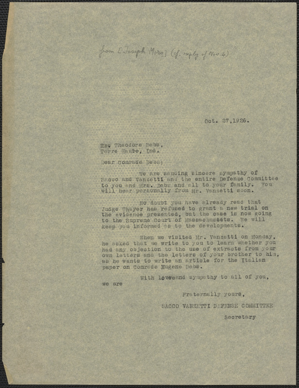 Joseph Moro (Sacco-Vanzetti Defense Committee) typed letter (copy) to ...