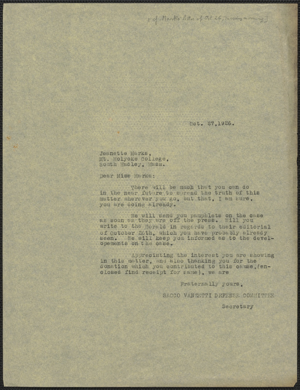 Sacco-Vanzetti Defense Committee typed letter (copy) to Jeannette Marks ...