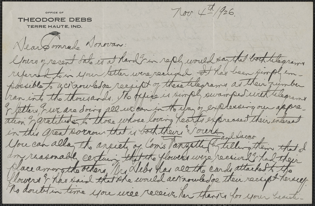 Theodore Debs autograph note signed to Mary Donovan, Terre Haute, Ind ...