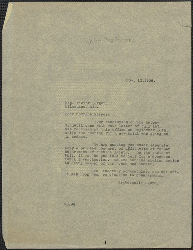 Mary Donovan typed letter (copy) to Victor L. Berger, Boston, Mass ...