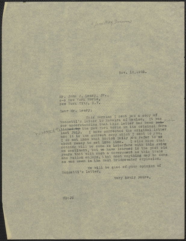 Mary Donovan typed letter (copy) to John J. Leary, Jr., Boston, Mass ...