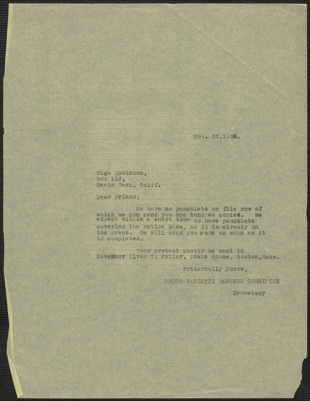 Sacco-Vanzetti Defense Committee typed note (copy) to Olga Robinson ...