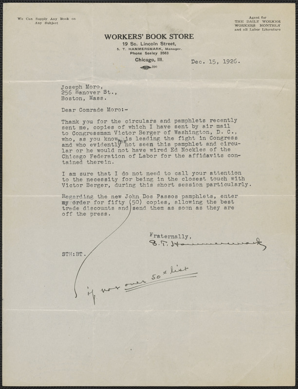 S. T. Hammersmark (Workers' Book Store) typed letter signed to Joseph ...