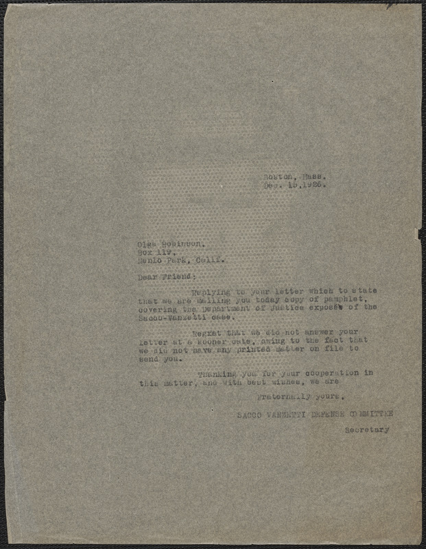 Sacco Vanzetti Defense Committee typed letter (copy) to Olga Robinson ...
