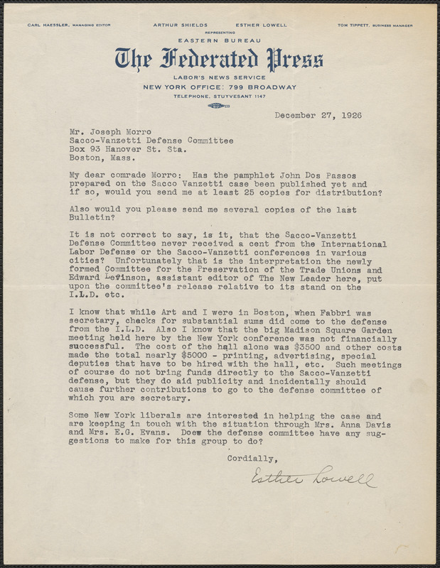 Esther Lowell (The Federated Press) typed letter signed to Joseph Moro ...