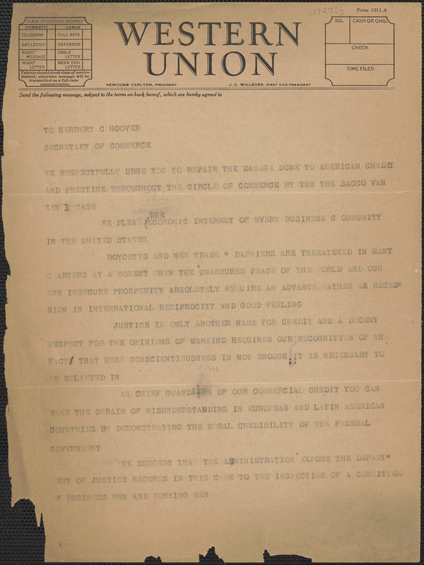Sacco-Vanzetti Defense Committee typed telegram (draft) to Herbert C ...