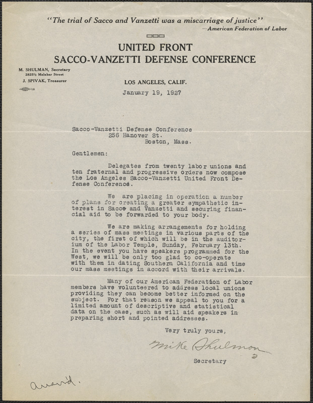Mike Shulman (United Front Sacco-Vanzetti Defense Conference) typed ...