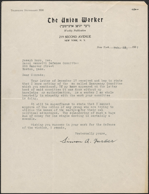 Simon A. Farber (The Union Worker) typed letter signed to Joseph Moro ...