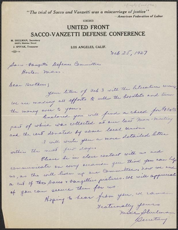 Mike Shulman (United Front Sacco-Vanzetti Defense Conference) autograph ...