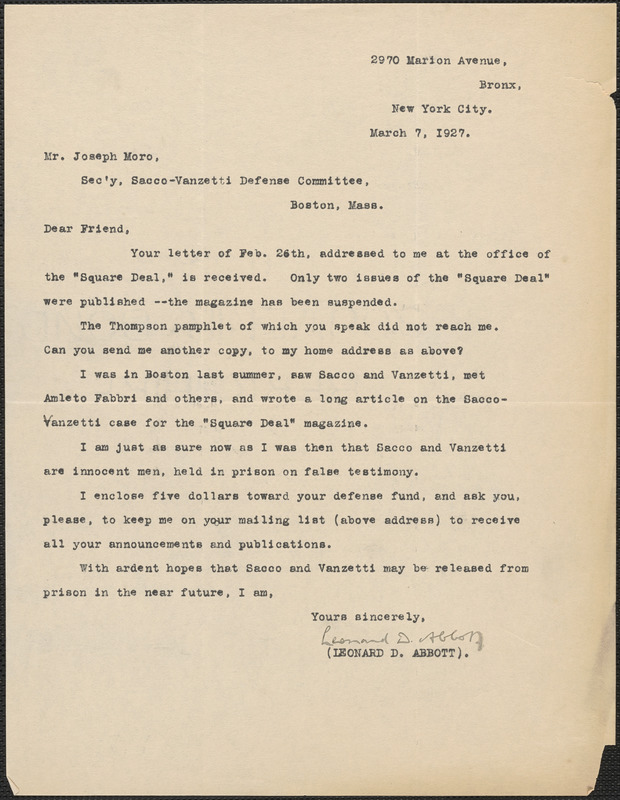 Leonard D. Abbott (The Square Deal) typed letter signed to Joseph Moro ...