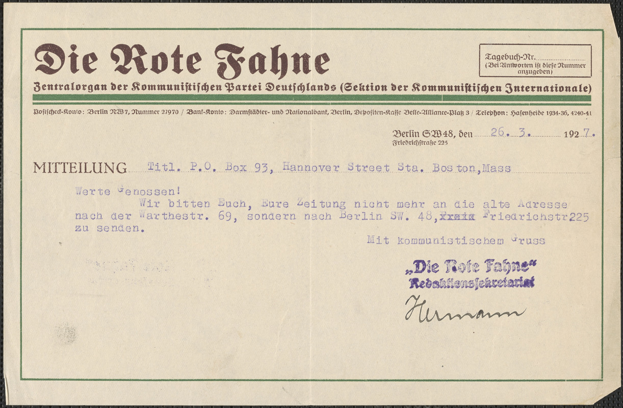Hermann telegram, in German, to Sacco-Vanzetti Defense Committee ...