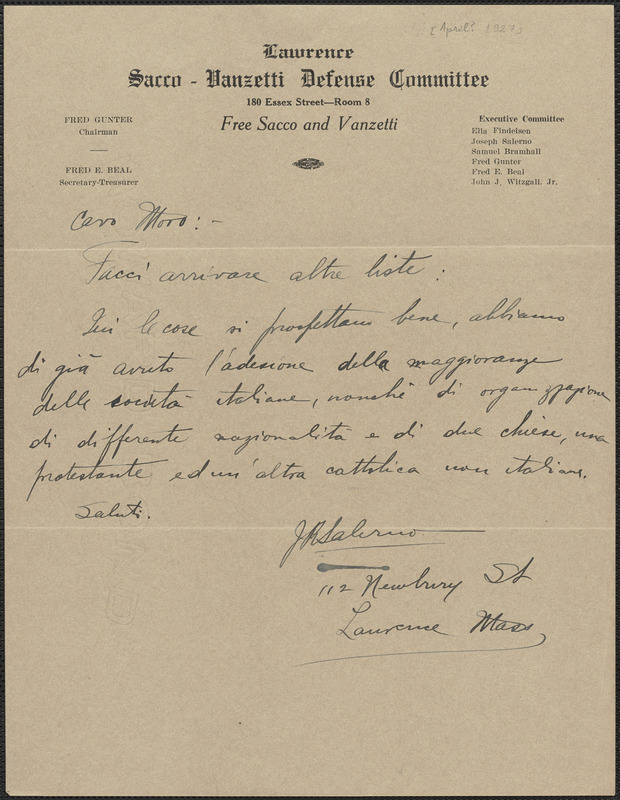 Joseph R. Salerno (Lawrence Sacco-Vanzetti Defense Committee) autograph ...