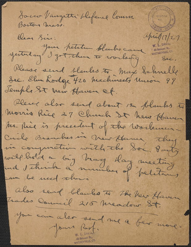 Walter E. Davis (Socialist Party) autograph letter to Sacco-Vanzetti ...