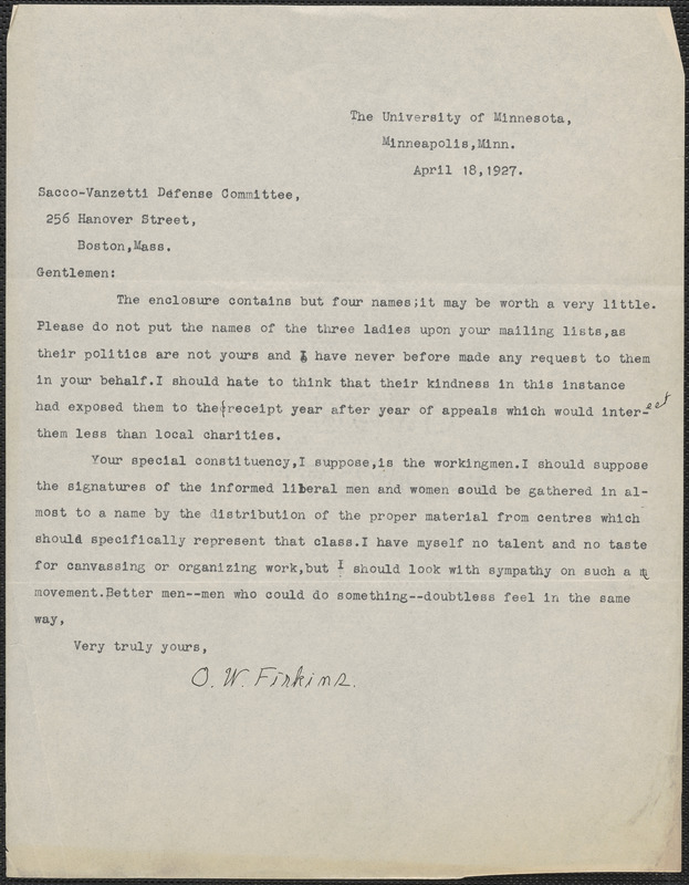 O. W. Firkins (The University of Minnesota) typed letter signed to ...