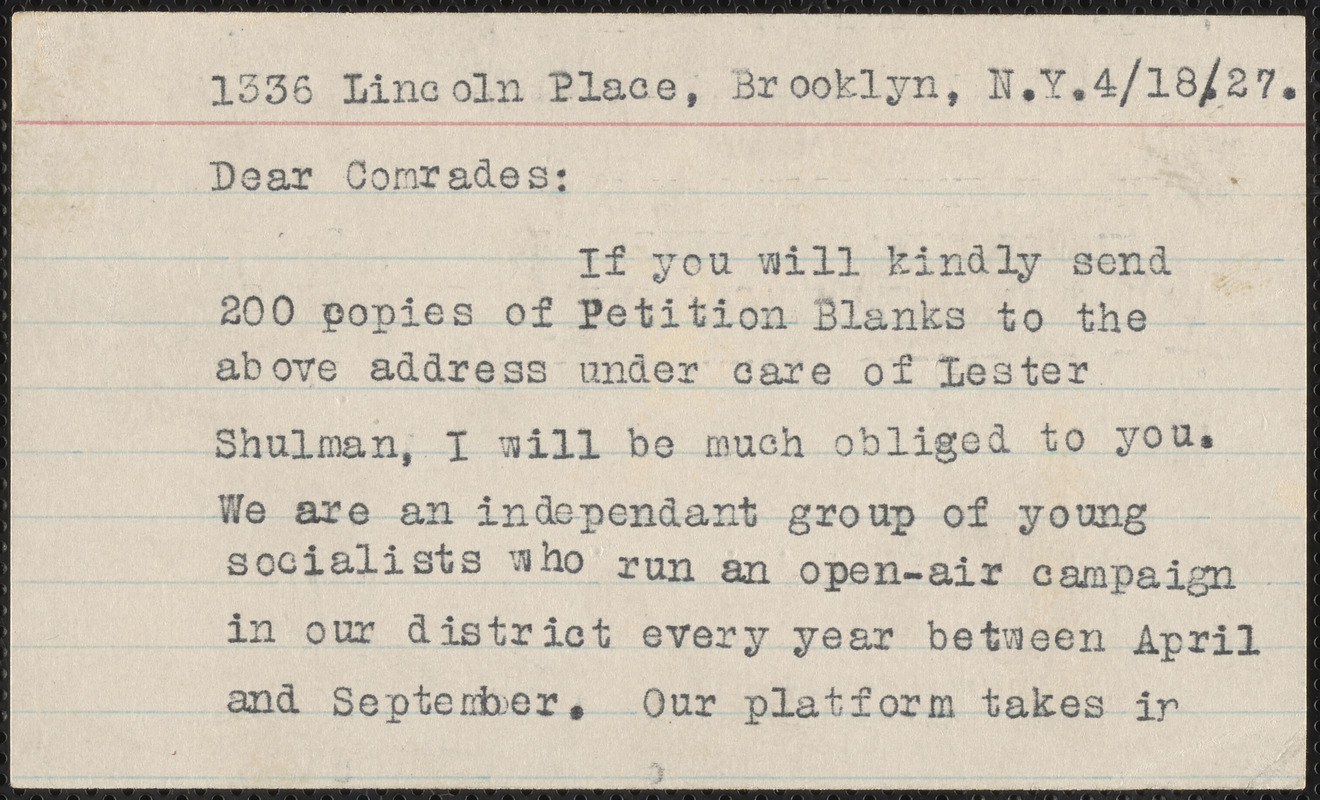 Lester Shulman (Socialist Youth Campaign Committee) typed letter to ...