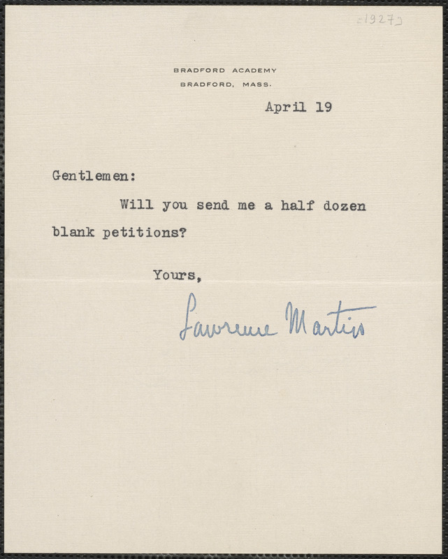 Lawrence Martin typed note signed to Sacco-Vanzetti Defense Committee ...
