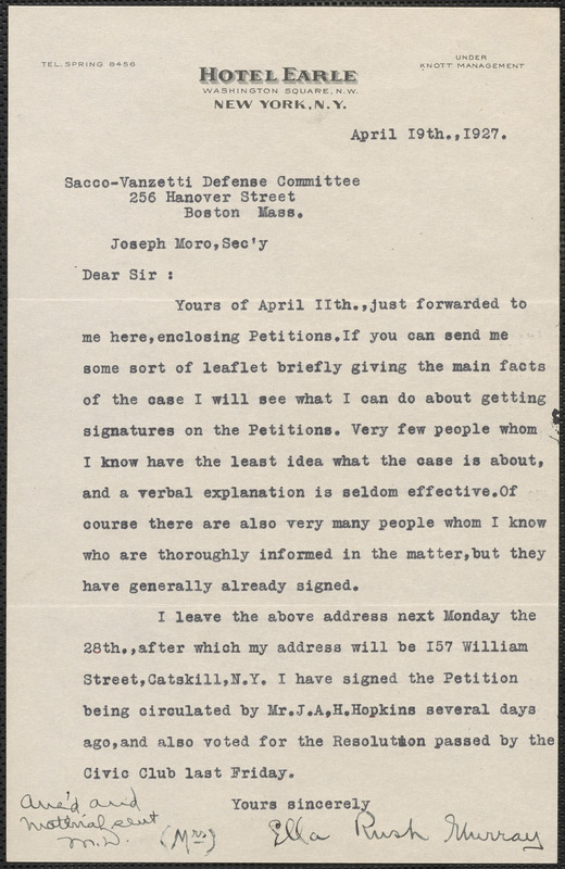 Ella Rush Murray typed note signed to Joseph Moro, New York, N.Y ...