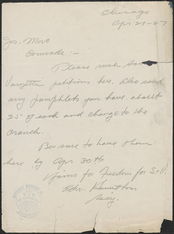 Edward Hamilton autograph note signed to Joseph Moro, Chicago, Ill ...