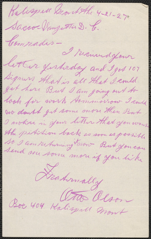 Otto Olson autograph letter signed to Sacco-Vanzetti Defense Committee ...