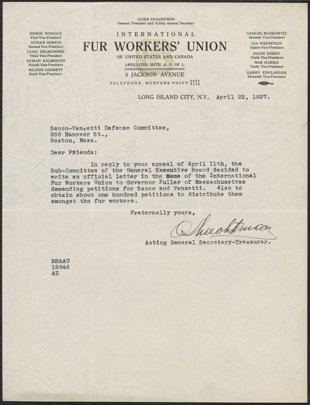 Lizer Shachtman (International Fur Workers' Union) typed note signed to ...
