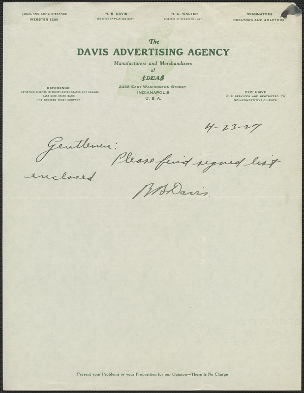 R. B. Davis autograph note signed to Sacco-Vanzetti Defense Committee ...