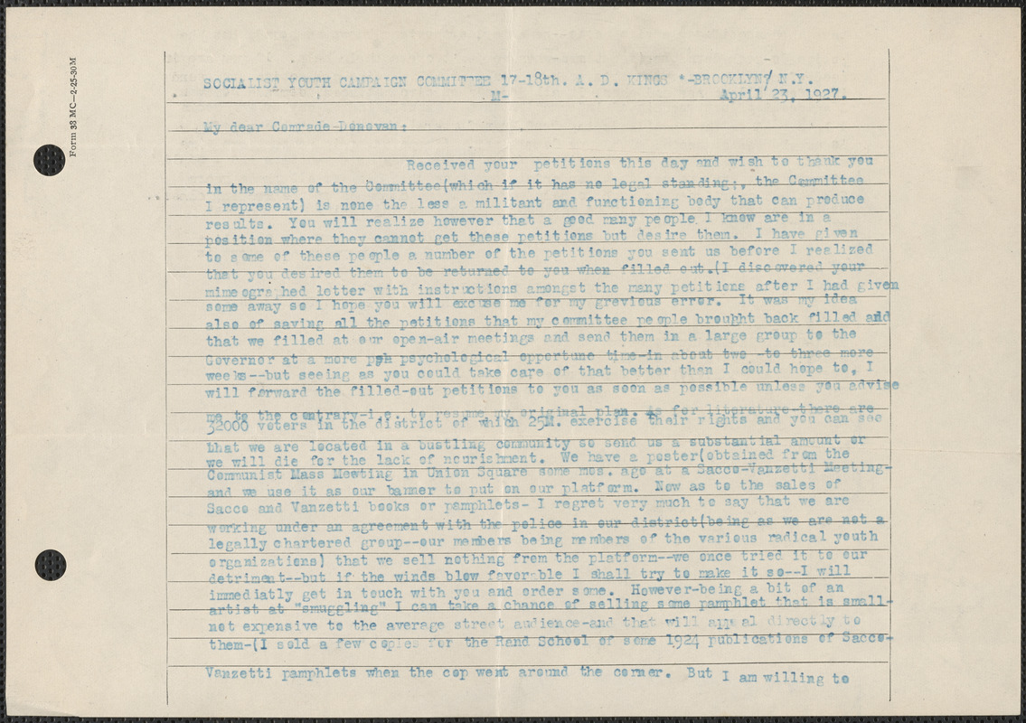 Lester Shulman (Socialist Youth Campaign Committee) typed letter to ...