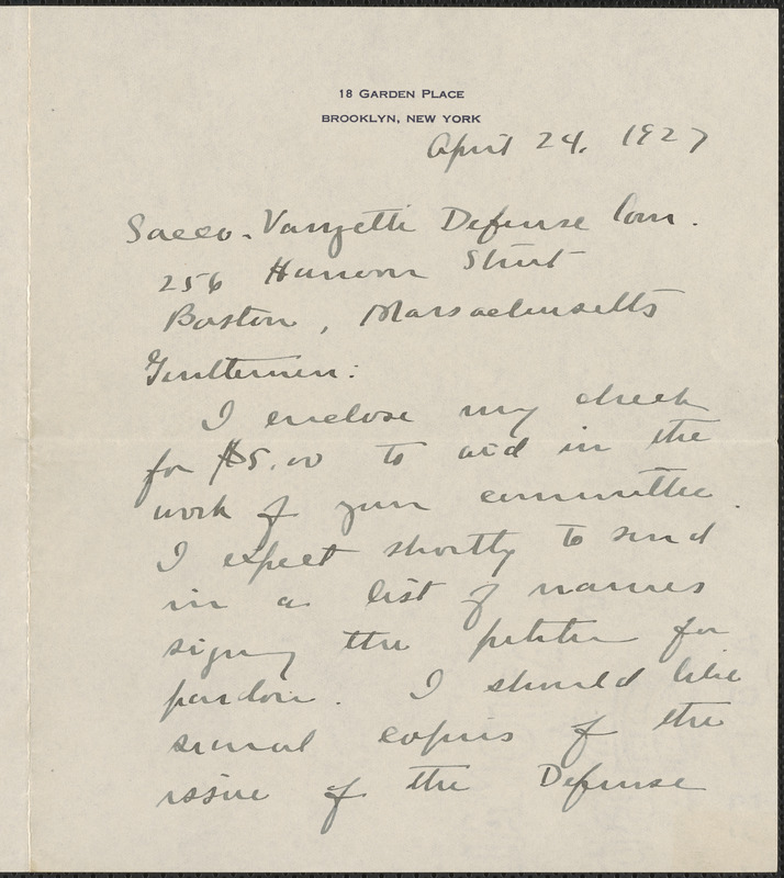 Kate M. Ward autograph letter signed to Sacco-Vanzetti Defense ...