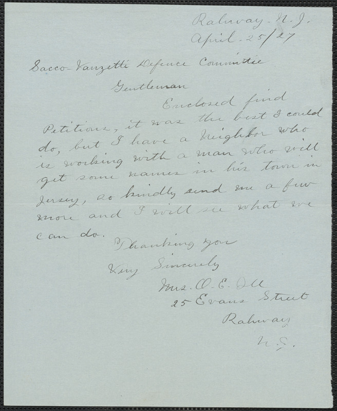 Mrs. O. E.[?] autograph note signed to Sacco-Vanzetti Defense Committee ...