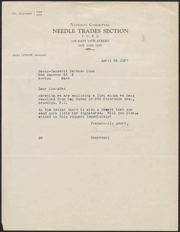 Benjamin Gitlow (T.U.E.L., Needle Trades Section) typed note signed to ...