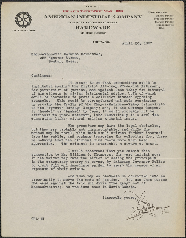 Theodore H. Lunde typed letter signed to Sacco-Vanzetti Defense ...