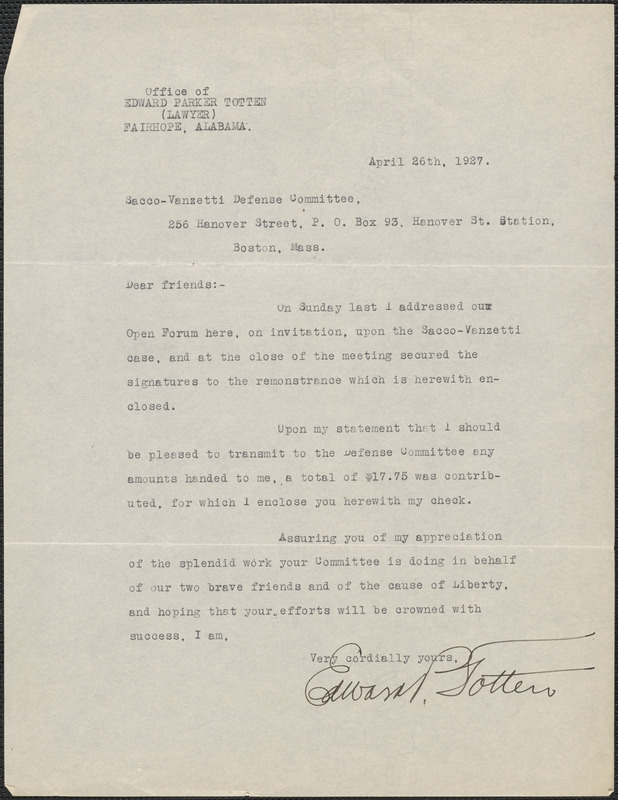 Edward Parker Totten typed letter signed to Sacco-Vanzetti Defense ...
