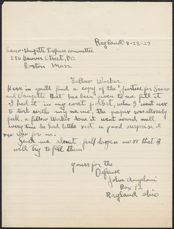 John Angeloni autograph note signed to Sacco-Vanzetti Defense Committee ...