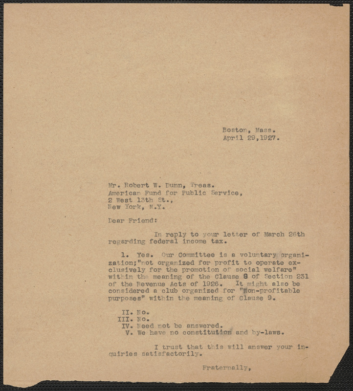 Sacco-Vanzetti Defense Committee typed letter (copy) to Robert W. Dunn ...