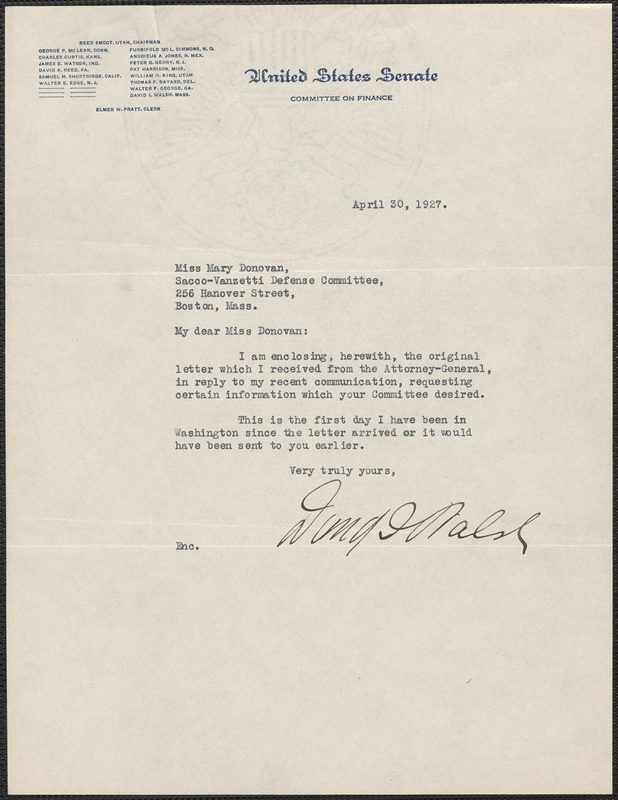 David I. Walsh typed note signed to Mary Donovan, Washington, D.C ...