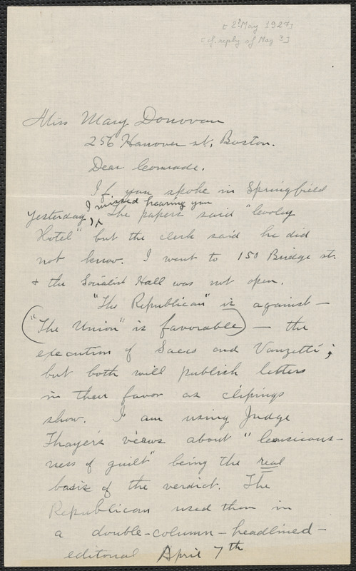 Nelson West autograph letter signed to Mary Donovan, Ludlow, Mass., May ...